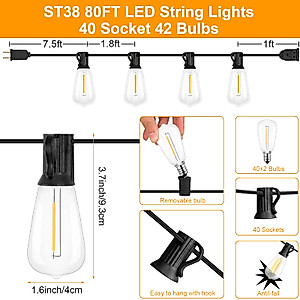 Outdoor String Lights 80ft ST38 Outdoor Lights with Waterproof Shatterproof 42 LED Bulbs(2 Spare)Connectable Patio Lights for Indoor Outdoor Courtyard Cafe Porch Party Led Outdoor String Lights