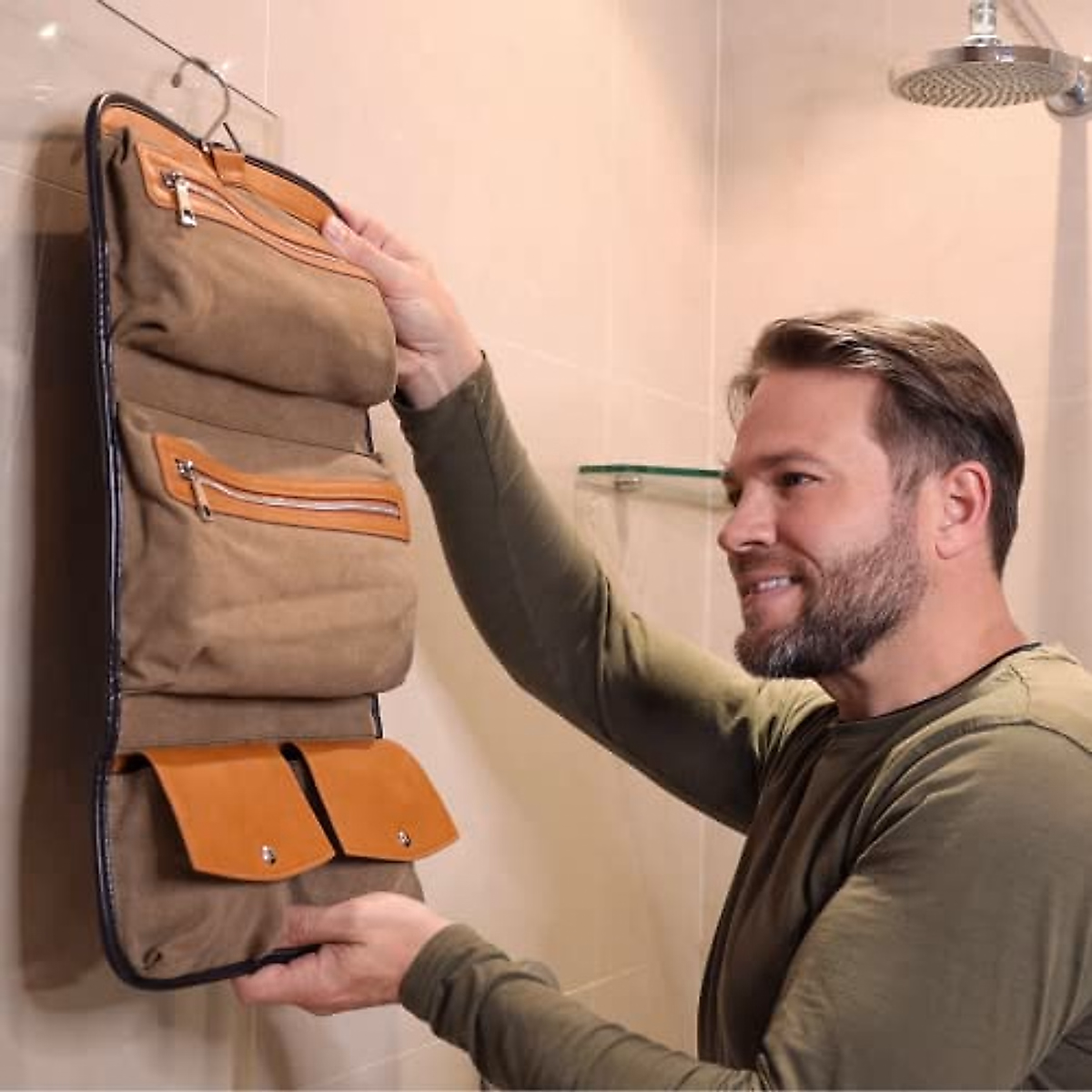 Vetelli Foldable Hanging Leather Travel Toiletry Bag for Men with 2 Zippered Internal Pockets, 2 Snap-Fastened Internal Pockets, and Hanging Hook
