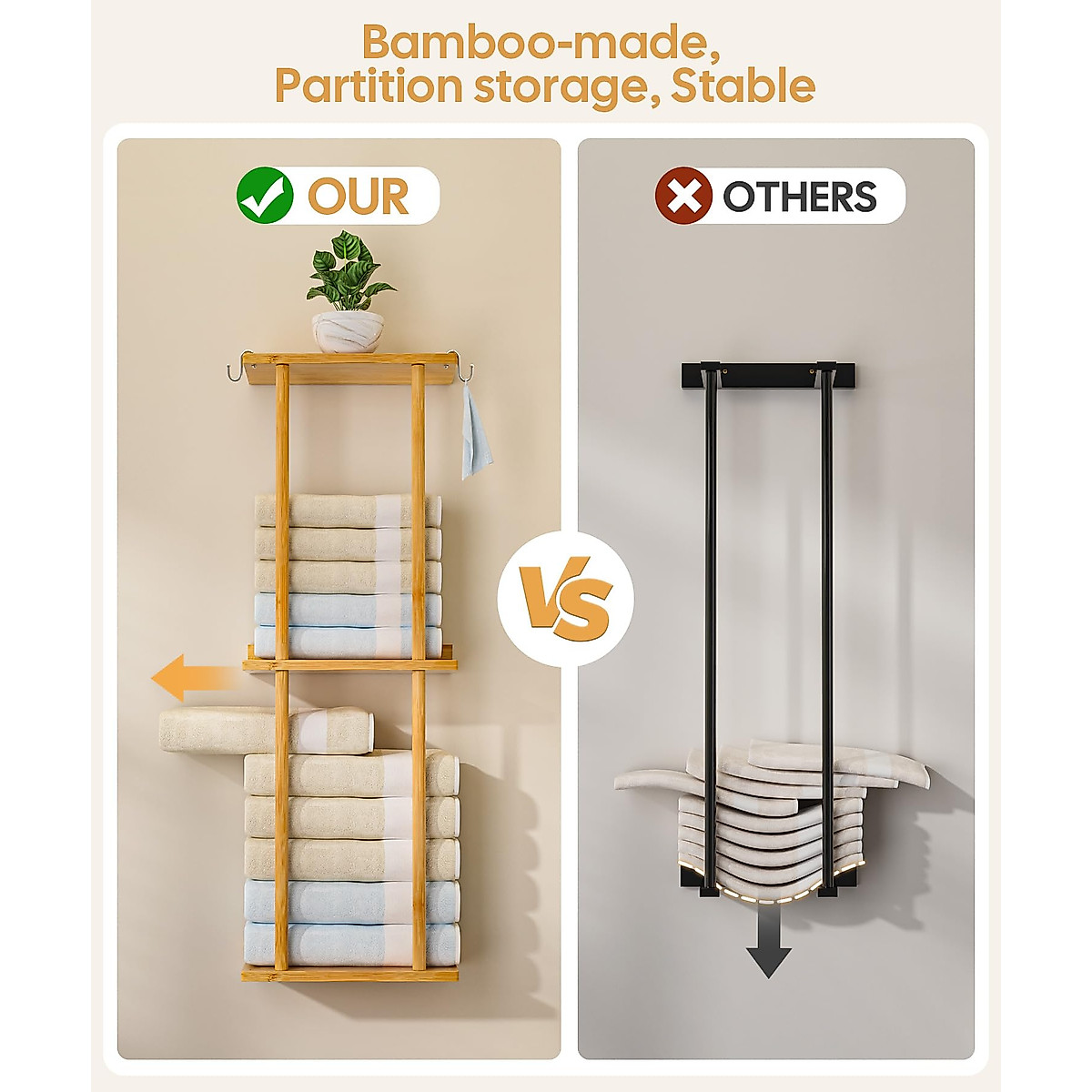 Cozivolife Towel Rack Bamboo for Bathroom, 3 Tier 32.7 inch with 2 Hooks and Shelf Wall Mounted Towel Storage Organizer Shelf, Large Capacity Towel Holder (Natural)