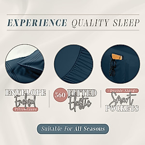 Elegant Comfort 4-Piece Solid Smart Sheet Set-Deep Pocket Fitted Sheet with Side Storage Pockets-Silky Soft 1500 Thread Count Egyptian Quality Microfiber, Wrinkle and Fade Resistant, King, Navy Blue