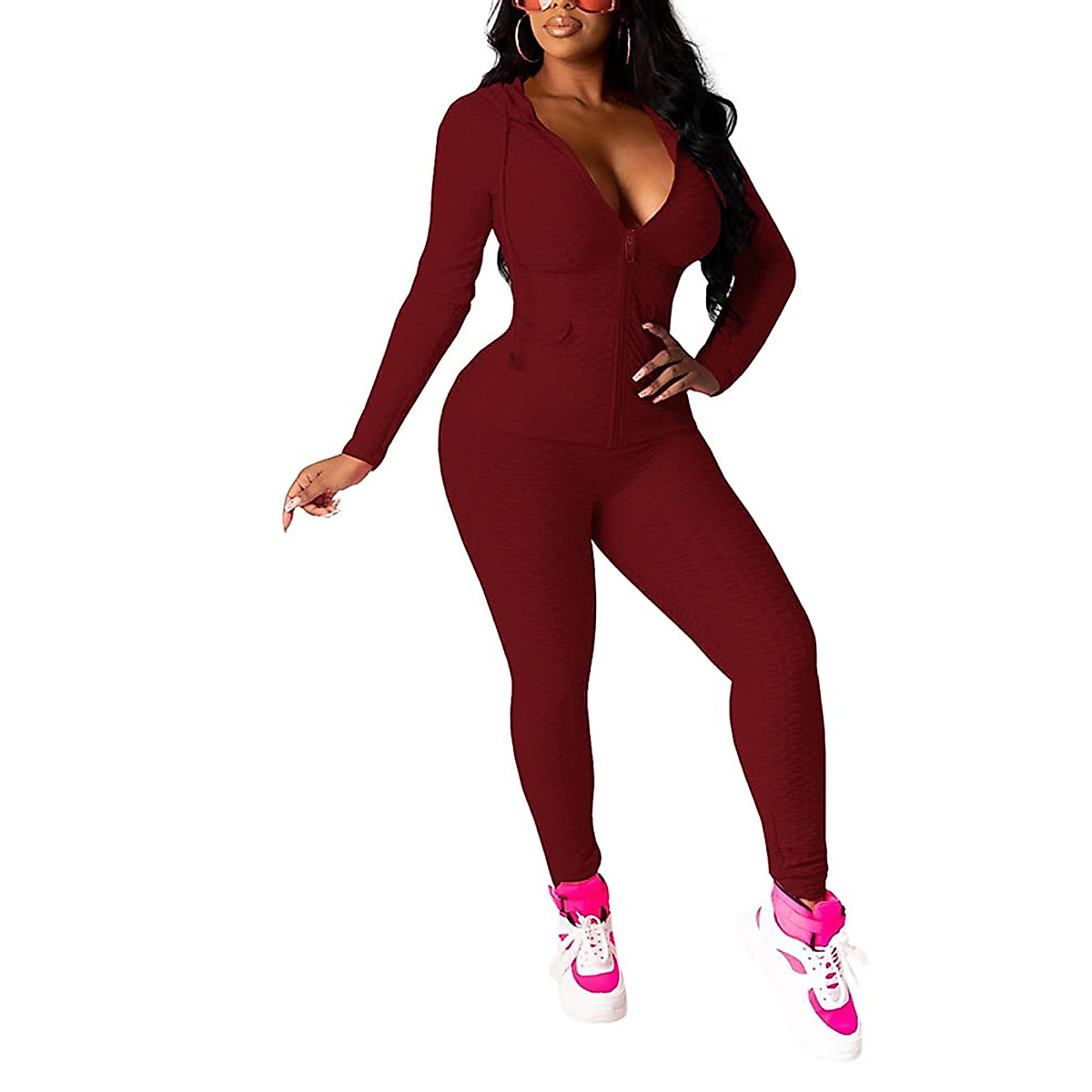 Elosele Womens Tracksuit Workout Outfits Sweatsuit - Long Sleeve Zip Up Hooded Jacket High Waist Textured Leggings Yoga Activewear Set Wine Red M