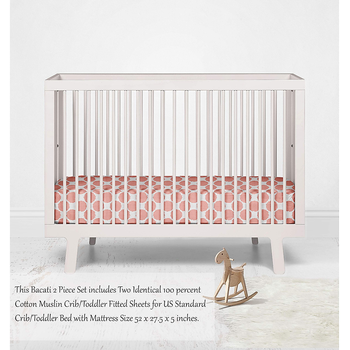 Bacati - 2 Pack Girls Essentials Classic Super Soft Breathable 100% Cotton Muslin Baby Crib Fitted Sheets - Fits Standard 28 x 52 x 5 Crib & Toddler Mattresses (Ikat Dots Coral)