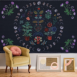 Botanical Moon phase Tapestry,Floral Plants Tapestry Wall Hanging Decor Moonlit Garden Wall Hanging Decor Mysterious Tapestry present Art Wall Hanging for Home Decor, 39.4 x 59.1 Inches