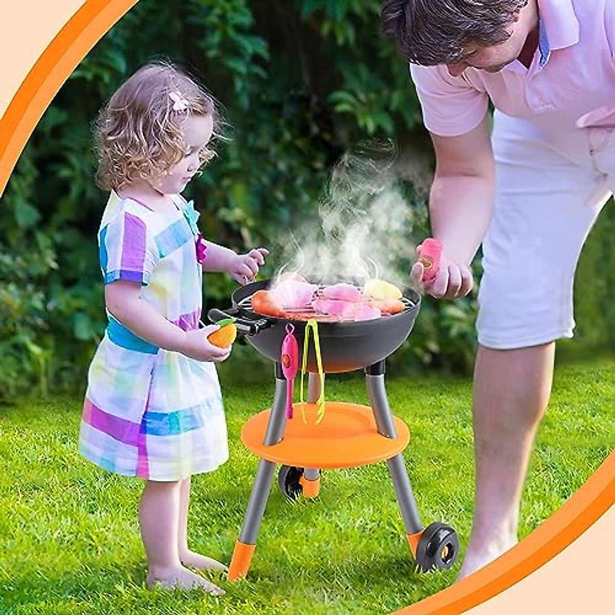 Kids Toy BBQ Grill Playsets, Play Kitchen Barbecue Grill with Pretend Smoke,Light,Sound & Color-Changing Play Food, Cooking Toy Set, Camping Outdoor Toys for Kids Ages 4-8 3-5 Boy Girl Gift
