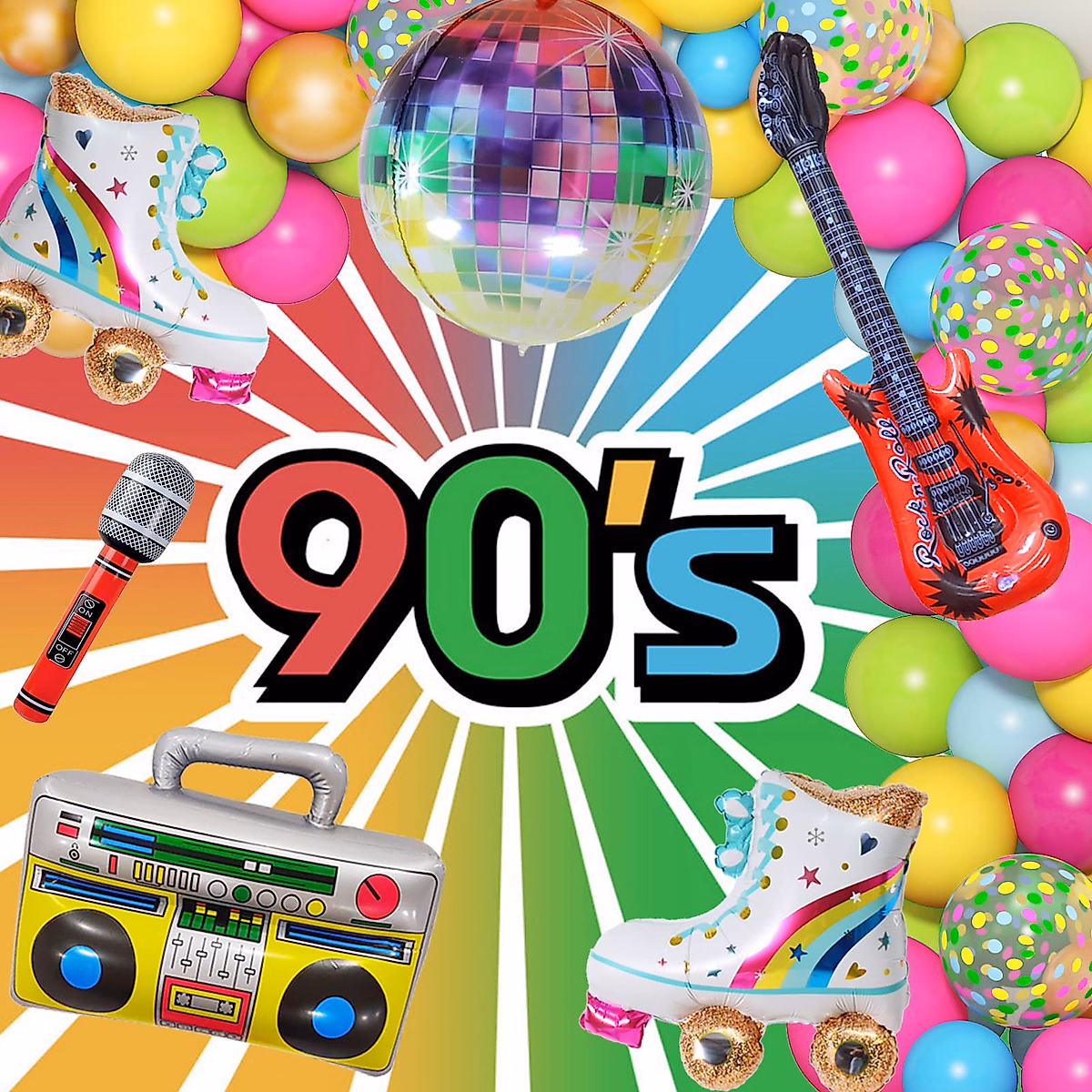 Amandir 90s 80s Theme Party Decorations, 90Pcs Balloon Arch Kit 6PCS Inflatable Retro Disco Ball Microphone Rainbow Roller Skate Boom Box Guitar Balloon for Back to 90s 80s Hip Hop Birthday Supplies