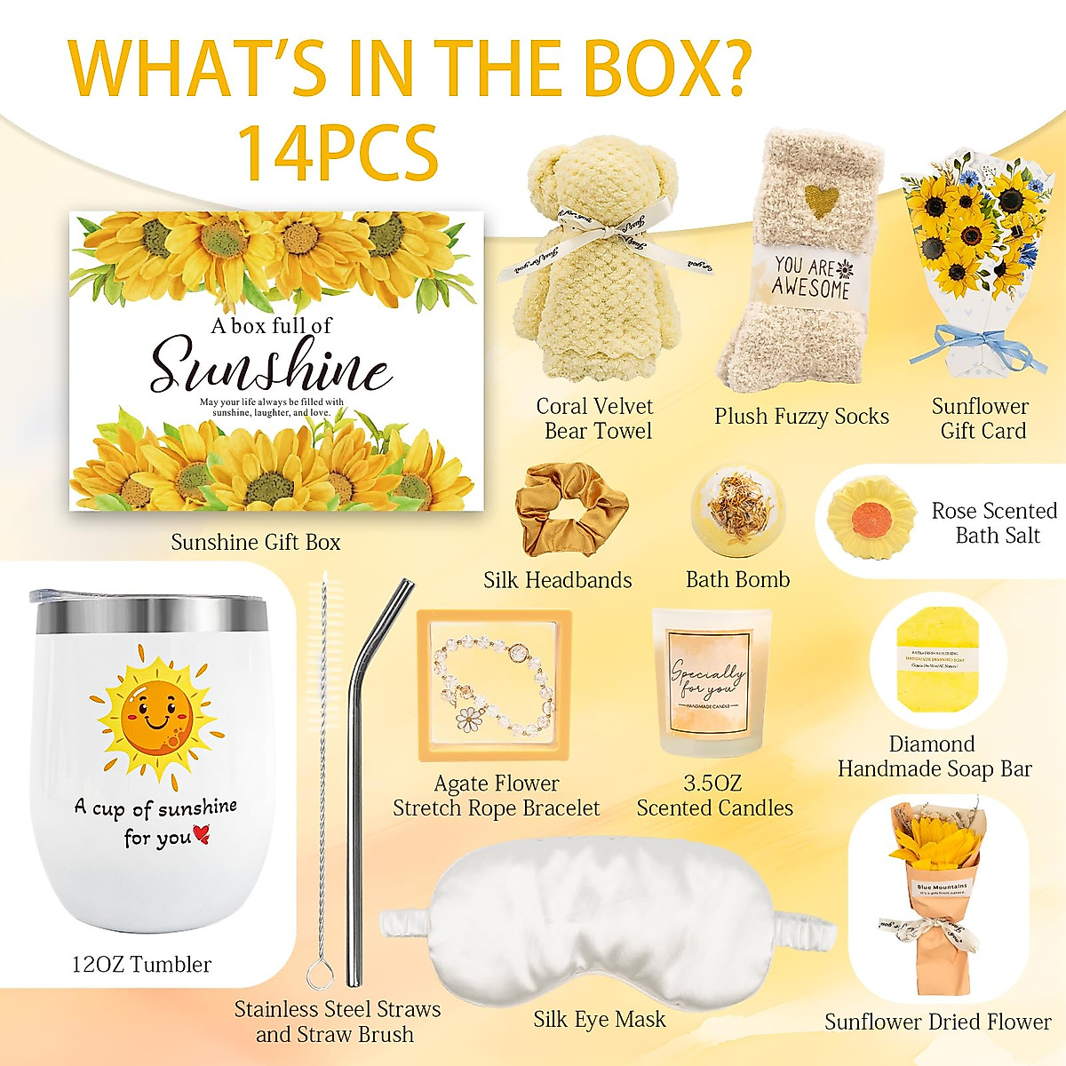 Birthday Gifts for Women, Sunflower Self Care Package Christmas Gifts, Sending Get Well Soon Sympathy Gifts Basket Unique Relaxation Spa Gifts Box for Women, Her, Sister, Mom, Best Friends