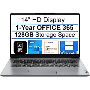 Lenovo Newest IdeaPad 1 Laptop, 14" HD Display, Intel Celeron N4020, 4GB DDR4 RAM, 128GB Space(64GB eMMC+64GB Card), 1-Year Office 365, Webcam, HDMI, WiFi 6, Bluetooth, Windows 11S, Grey, JVQ MP