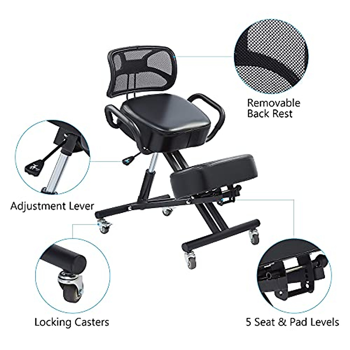 VONOYA Kneeling Chair with Back Support | Ergonomic Office Chair for Home or Office Desk | Adjustable Posture-Improving Desk Chair with Wheels and Thick Cushions, Black