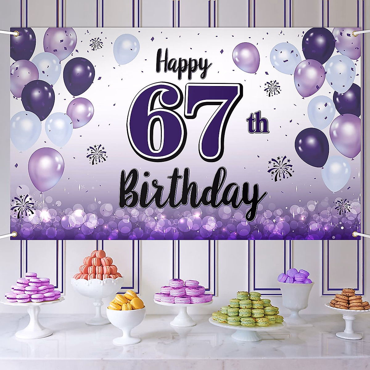 LASKYER Happy 67th Birthday Purple Large Banner - Cheers to 67 Years Old Birthday Home Wall Photoprop Backdrop,67th Birthday Party Decorations.