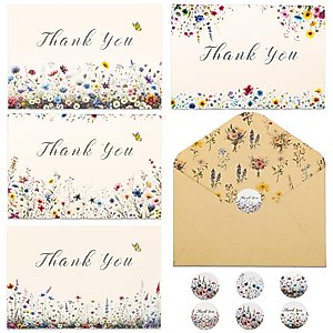 Vnaaem 24 Pack Wildflower Thank You Card with Kraft Envelope Sticker Vintage Floral Thank You Notes for Birthday Wedding Baby Shower Business Bridal Shower Spring Midsummer,4 x 6Inch