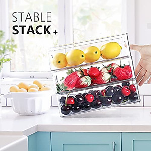 JOOFLI 6 Pack Refrigerator Organizer Bins Pantry Stackable Clear Plastic Storage Containers 3 Large and 3 Medium with 20 PCS Food Storage Bags for Fridge, Freezer, Kitchen Cabinet