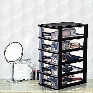 Tofficu Plastic Storage 5 Drawer Storage Tower Multifunctional Storage Cabinet with Clear Drawers Storage Case Organizer for Craft Stationary(Black)