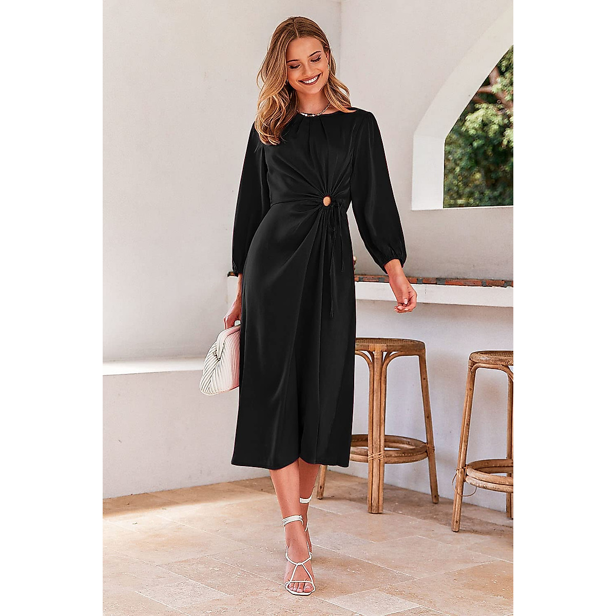 PRETTYGARDEN Women's 2024 Satin Maxi Dress Puff Long Sleeve Crewneck Cutout Casual A-line Long Flowy Dresses (Black,Large)