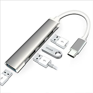 LQQH Aluminum Slim Thunderbolt Type C to USB 3.0 Hub Adapter USB 4 Ports USB C Hub for Phone PC Laptop w/Type-C, Gray