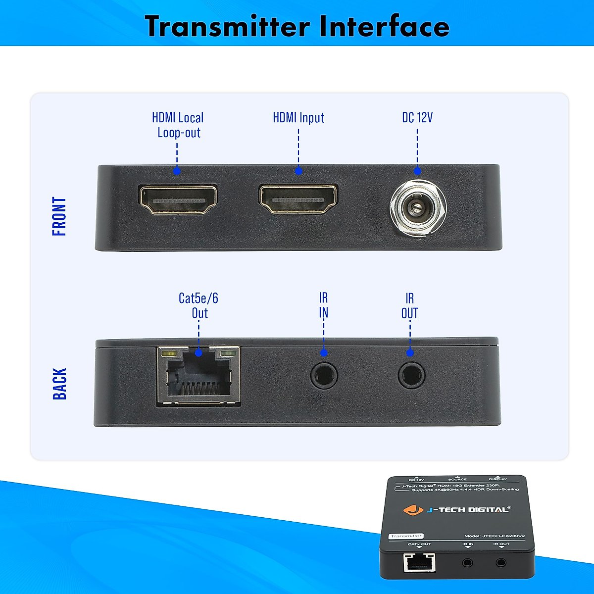 J-Tech Digital HDMI Extender 4K 60Hz Over Cat5e/6 Ethernet Cable Up to 230ft. Supports 4K Downscale HDMI Loop Out PoC HDR Bi-Directional IR [JTECH-EX230V2]