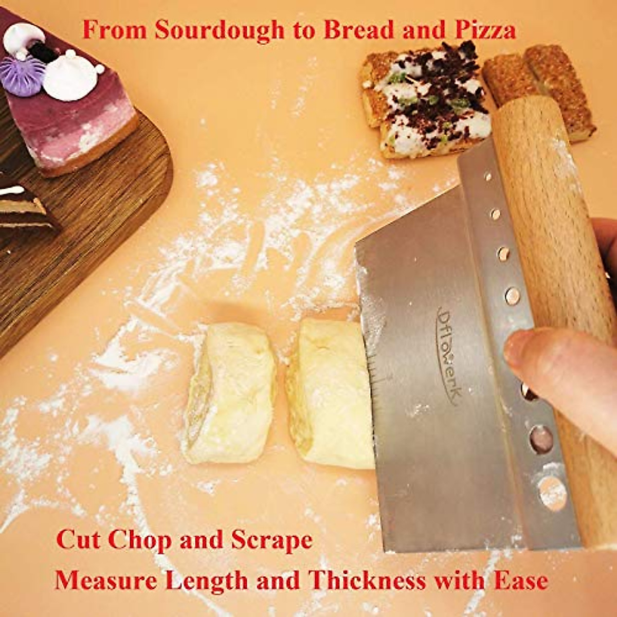 DflowerK Dough Pastry Scraper Chopper Cutter 304 Stainless Steel Great as Griddle Bread Pizza Dough Cutter with Double-Sided Measuring Marks Kale Herb Stripper 8 Holes