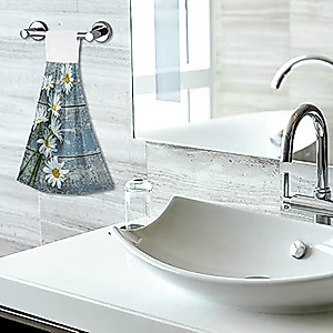 Summer Daisy Flowers Kitchen Hand Towels Vintage Wooden Board Hanging Dish Towels with Loop 2PCS, Soft Super Absorbent Fingertip Towel Dishcloths for Bathroom Washroom Guestroom Hotel 12x17 In