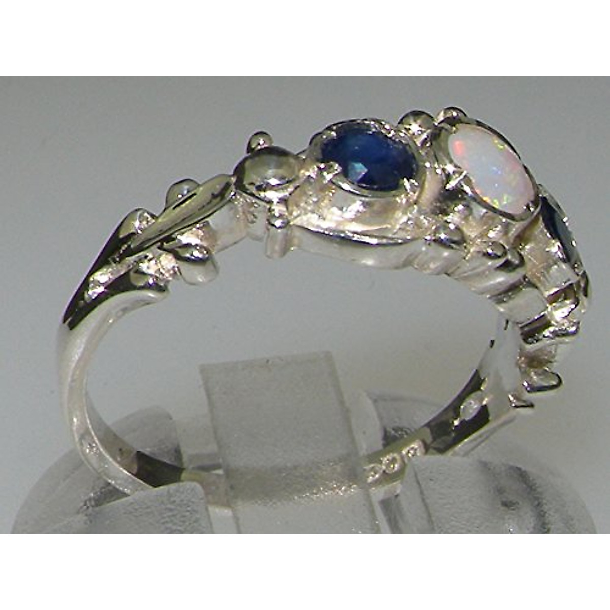 925 Sterling Silver Natural Opal and Sapphire Womens Anniversary Ring - Size 4.25