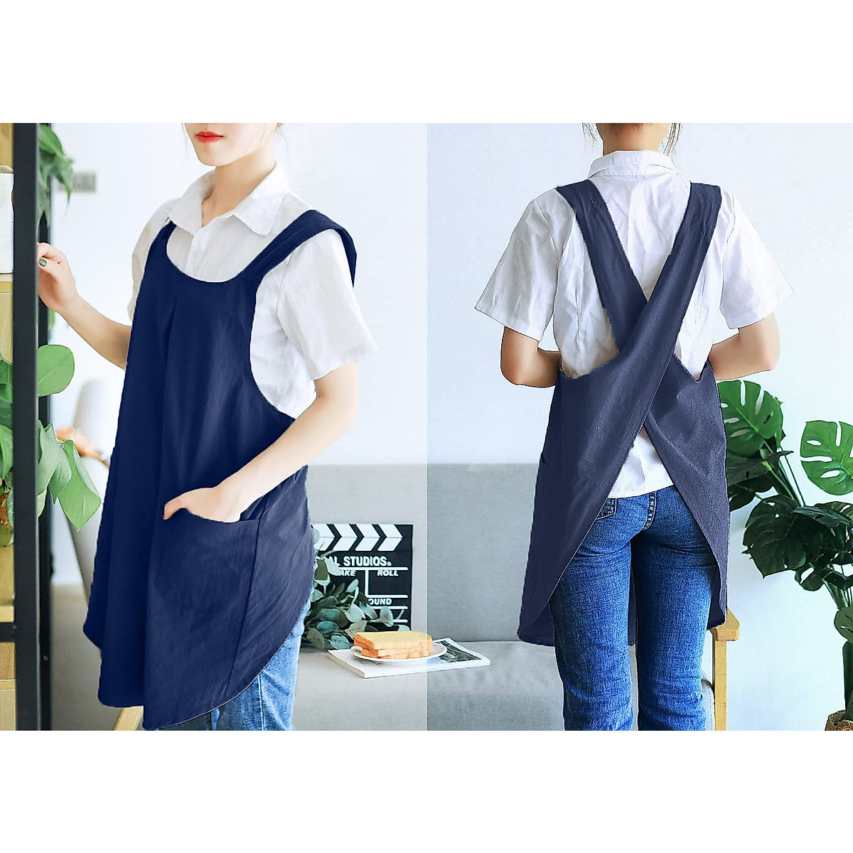 losofar Soft Cotton Linen Apron Cross Back X-Shaped Japanese Style Pinafore Dress for Cooking, Housewarming, Daily Chores (darkblue, (28.3"x 35.4"))