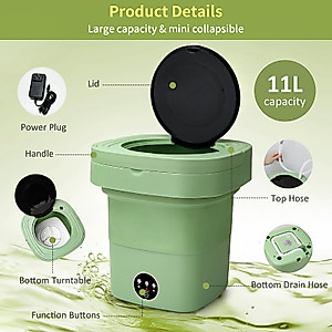 Portable Washing Machine,11L Mini Portable Washer With 3 Modes Deep Cleaning,Folding Washer of Underwear &Baby Clothes,Foldable Small Washing Machine for Apartment, Rv, Travel, Camping,Green
