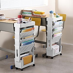Movable Bookshelf Cart Rotatable Removable Plastic Multifunctional Rolling Cart Deskside Bookshelf Desk Organizer with Wheels (6 Layer)