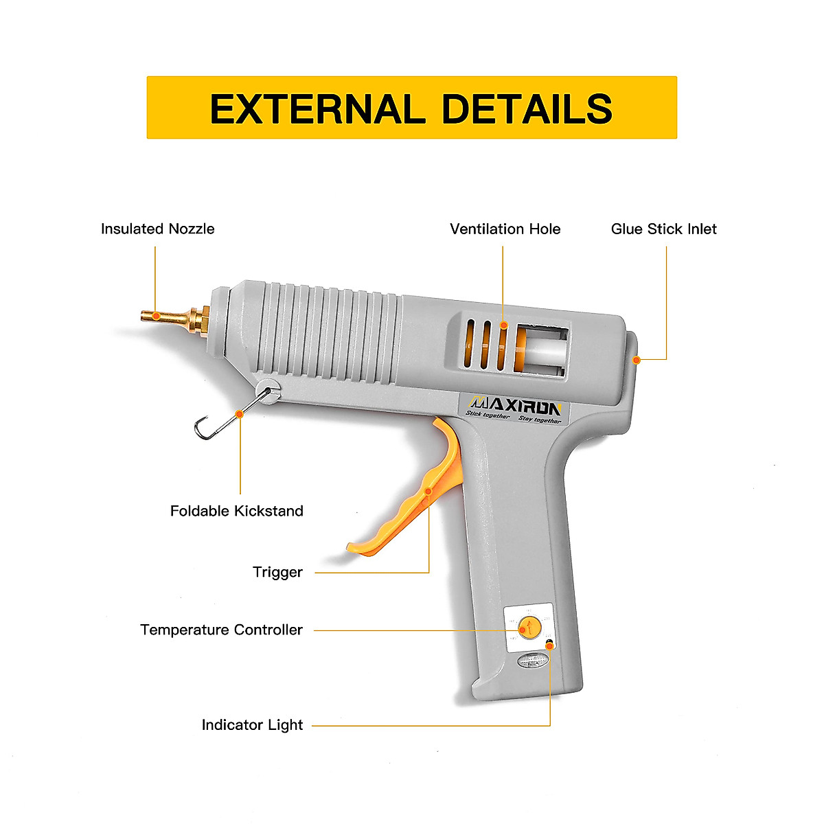 MAXIRON Full Size Hot Glue Gun with 4 Nozzles - 150 Watts Temperature Adjustable Glue Guns with Heating Indicator Light. Heavy Duty Glue Gun Kit for Crafting,Wood,PVC,Glass,Home Repair.