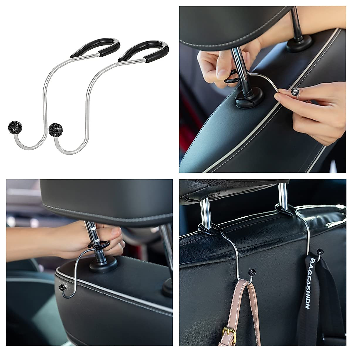 AUCELI 2PCS Bling Car Headrest Hooks, Diamond Car Back Seat Headrest Organizer, Rhinestones Vehicle Seat Metal Hanger for Bag Purse Clothes Grocery, Universal Auto Interior Accessories (Black)