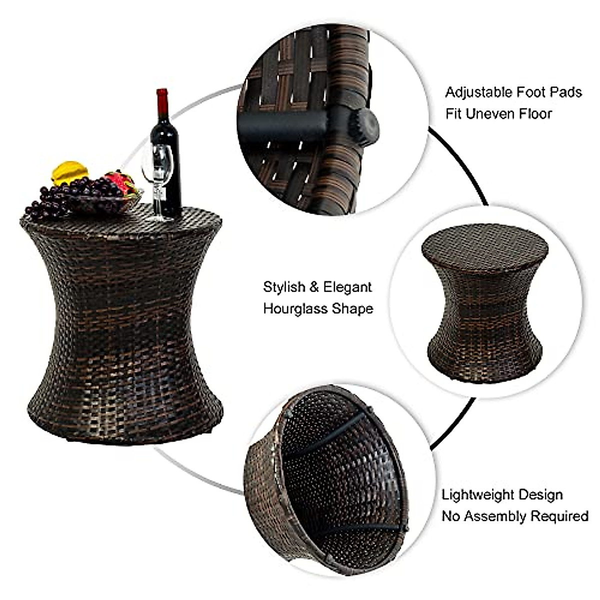 Sundale Outdoor Small Side Table Patio Rattan End Table 20 Inch Hourglass Wicker Accent Tables Steel Frame Lightweight Brown Mesa Auxiliar pequeña Mesa Auxiliar de ratán marrón