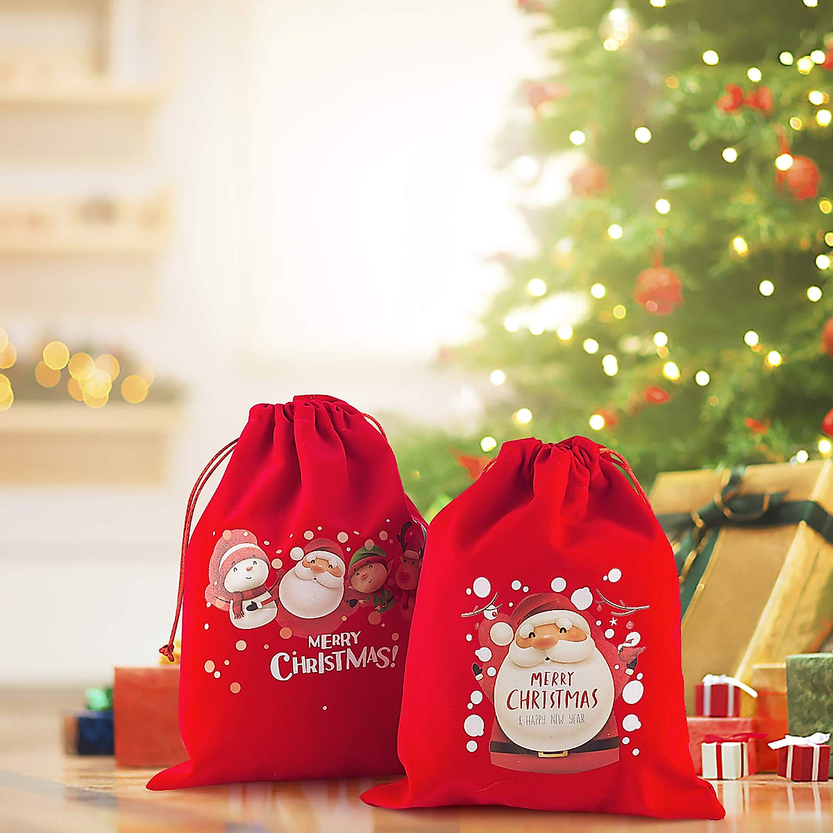 AllWenTo Christmas Gift Bags 5pcs of Flannel Small Bag with Drawstring Medium Size Good for Xmas Party Favors