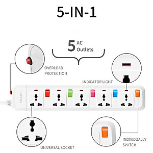Mscien European Travel Plug Adapter Individual Switched, 5 Way Universal Power Strip with 1.8M Extension Cord