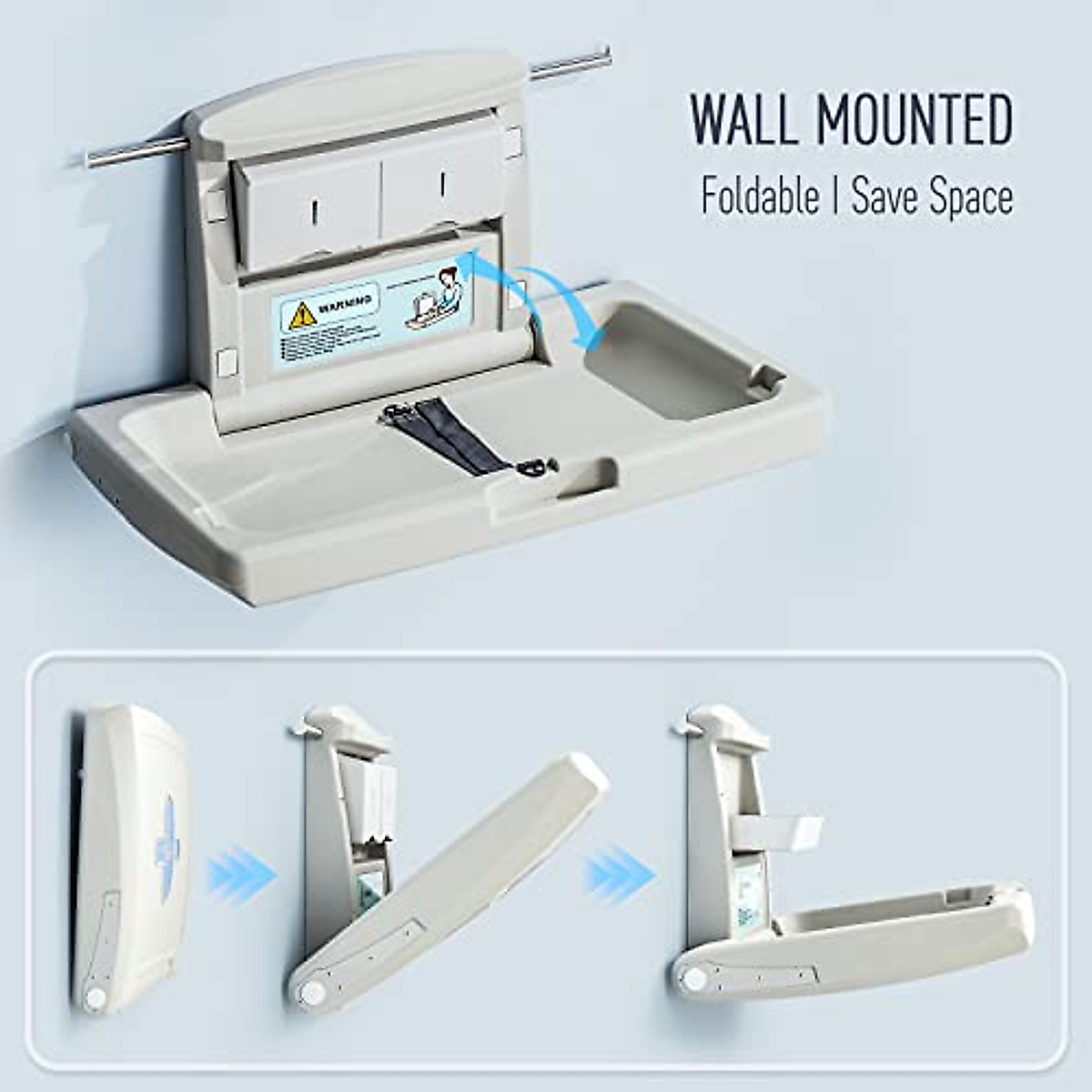 PLUSSEN Baby Changing Station Wall Mounted, Fold Down Commercial Baby Changing Station with Adjustable Safety Strap, Storage Box,Horizontal-X1005