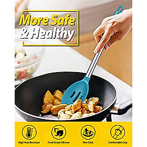 Pack of 2 Large Silicone Cooking Spoons,Non Stick Solid Basting Spoon,Heat-Resistant Kitchen Utensils for Mixing,Serving,Draining,Stirring (BLUE)