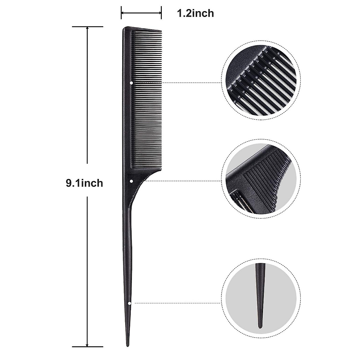 Leinuosen 3 Pack Tail Comb Carbon Fiber Rat Tail Comb Set Heat Resistant Anti Static Styling Tail Comb for Hair Women Back Combing Root Teasing Adding Volume (Black)