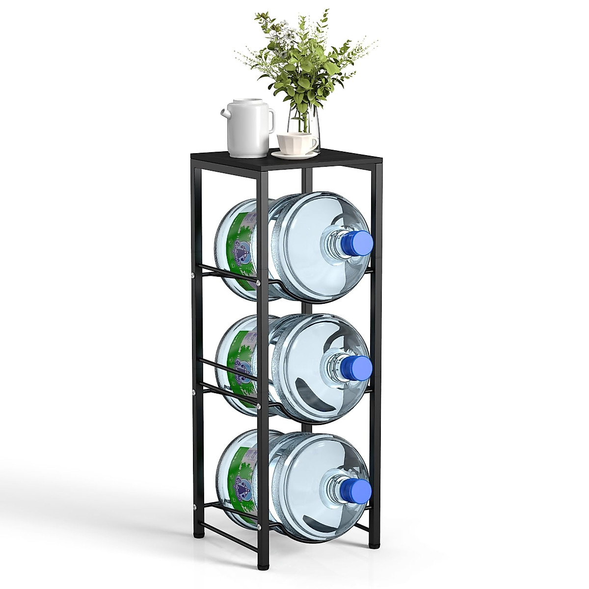 DIRZA 5 Gallon Water Jug Holder with Top Shelf, 3 Tier Water Bottle Holder,Heavy Duty Water Storage Rack for Water Cooler Jug,Water Jug Stand Organizer for Home Kitchen Office Brilliant Black