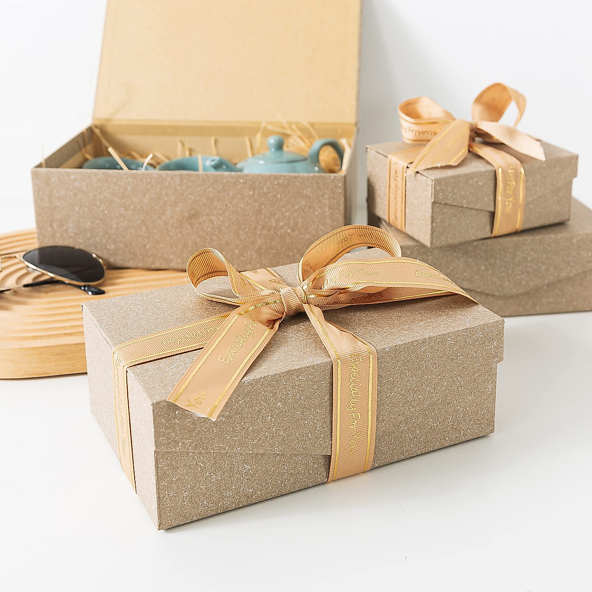 Soul & Lane Kraft Paper Decorative Gift Boxes with Lids and Magnetic Closure (Set of 4): Nesting Rectangle Flip Top Cartons, Stackning Empty Baskets for Gifts, Stylish Mache Packaging Containers