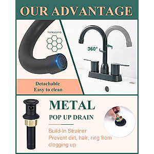 KUZOR Centerset Bathroom Faucets 2 Handle 3 Hole Bathroom Sink Faucet Matte Black Bathroom Faucet 4 Inch Swivel Spout with Pop Up Drain and Water Supply Hoses