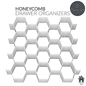 Simplify 32 Compartment Honeycomb Drawer Organizer | 8 Piece Set | Customizable to Fit Drawers | Plastic Snap Lock Design | Bedroom Dresser | Socks & Underwear | Bathroom | Jewelry & Cosmetics | White