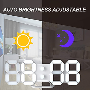 EDUP Home 3D LED Digital Wall Clock Desk Alarm Clock with Remote Control for Kitchen Bedroom Office, Fashion 9.7" LED Night Light Decor Clock Adjust Brightness 12H/24H Time Date Temperature White