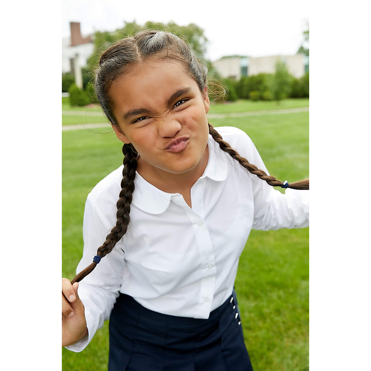 French Toast Girls' Long Sleeve Woven Shirt with Peter Pan Collar (Standard & Plus), White, 8