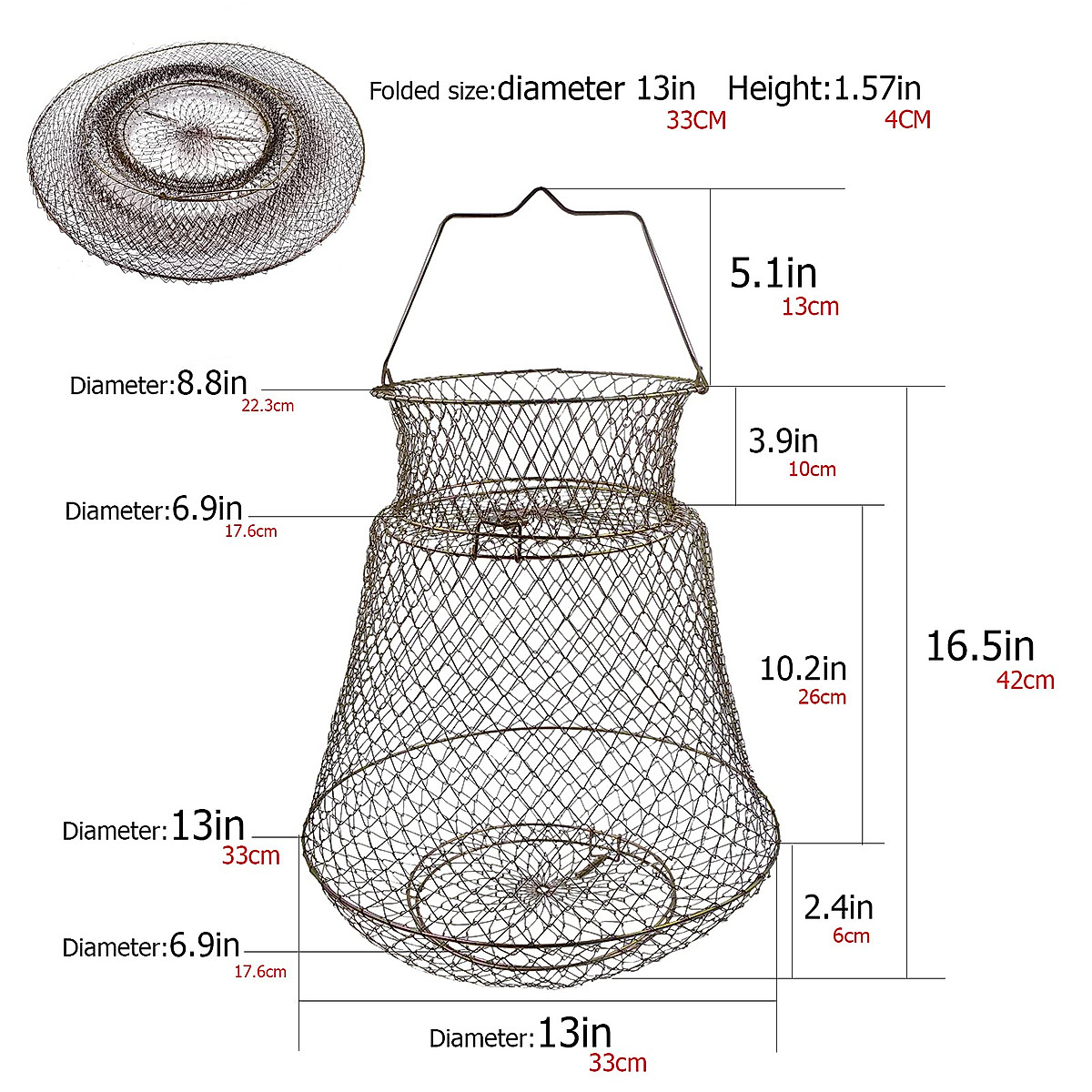OperSeven Metal Rustproof Fish Basket, Collapsible Fshing Net Cage Fish Baskets for Live Fish Robust and Easy to Use