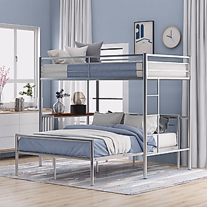Harper & Bright Designs Twin Over Full Metal Bunk Bed with Desk, L Shaped Bunk Bed with Ladder and Quality Slats for Bedroom- Silver