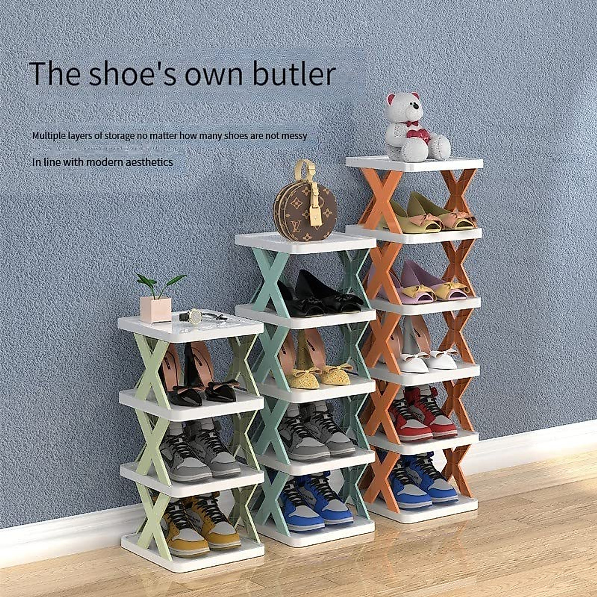 WUBY 6-Storey High Creative Folding X-Shaped Shoe Cabinet - Shoe Organizer & Storage Rack for Closet and Entryway, Free Standing Shoe Shelf Organizer (Blue)