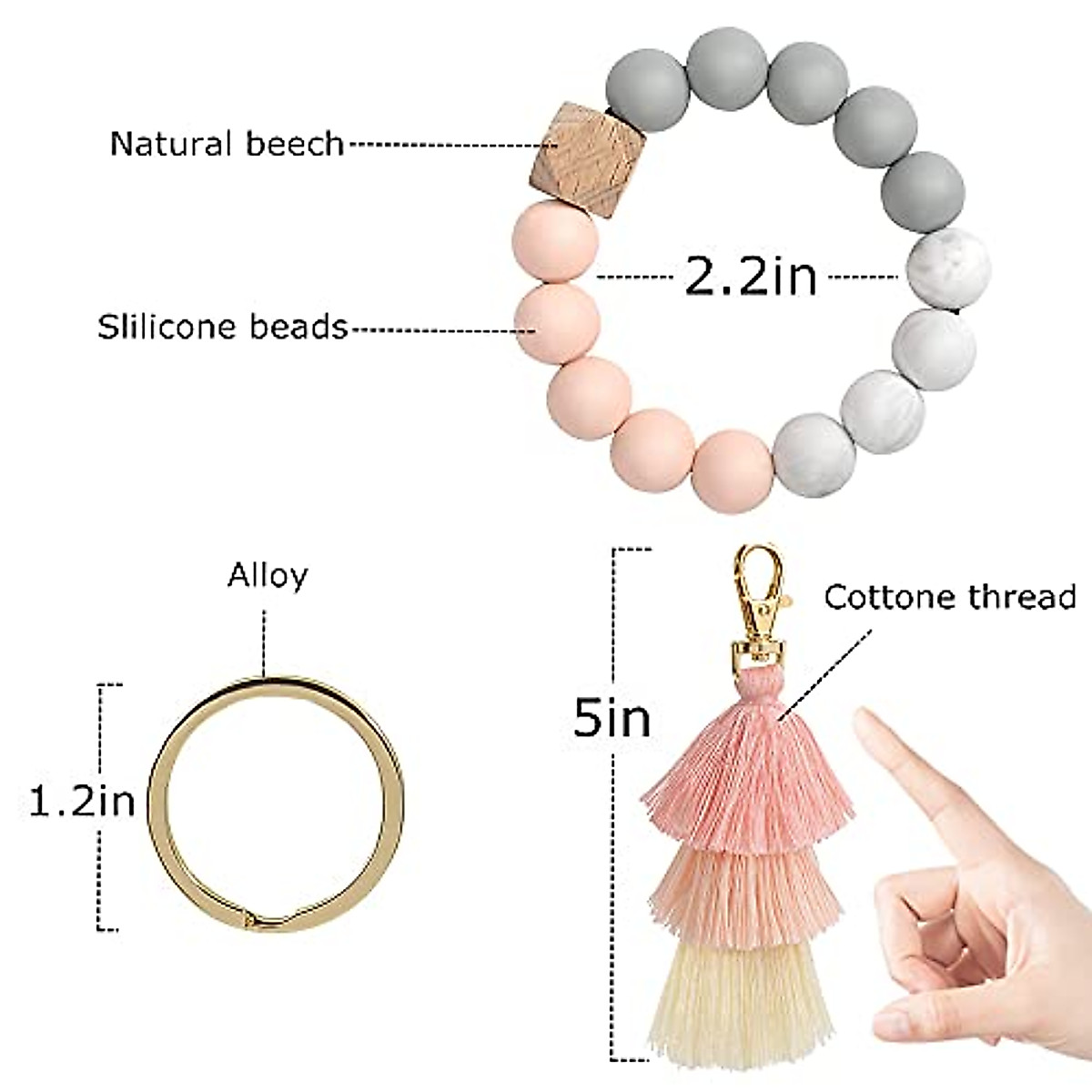 Bisanzoya Silicone Key Ring Bracelet, Car Keychain Beaded Wristlet Tassel for Women