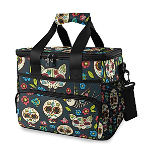ALAZA Mexico Sugar Skull Cat Floral Large Cooler Insulated Picnic Bag Lunch Box for Adult Men Women