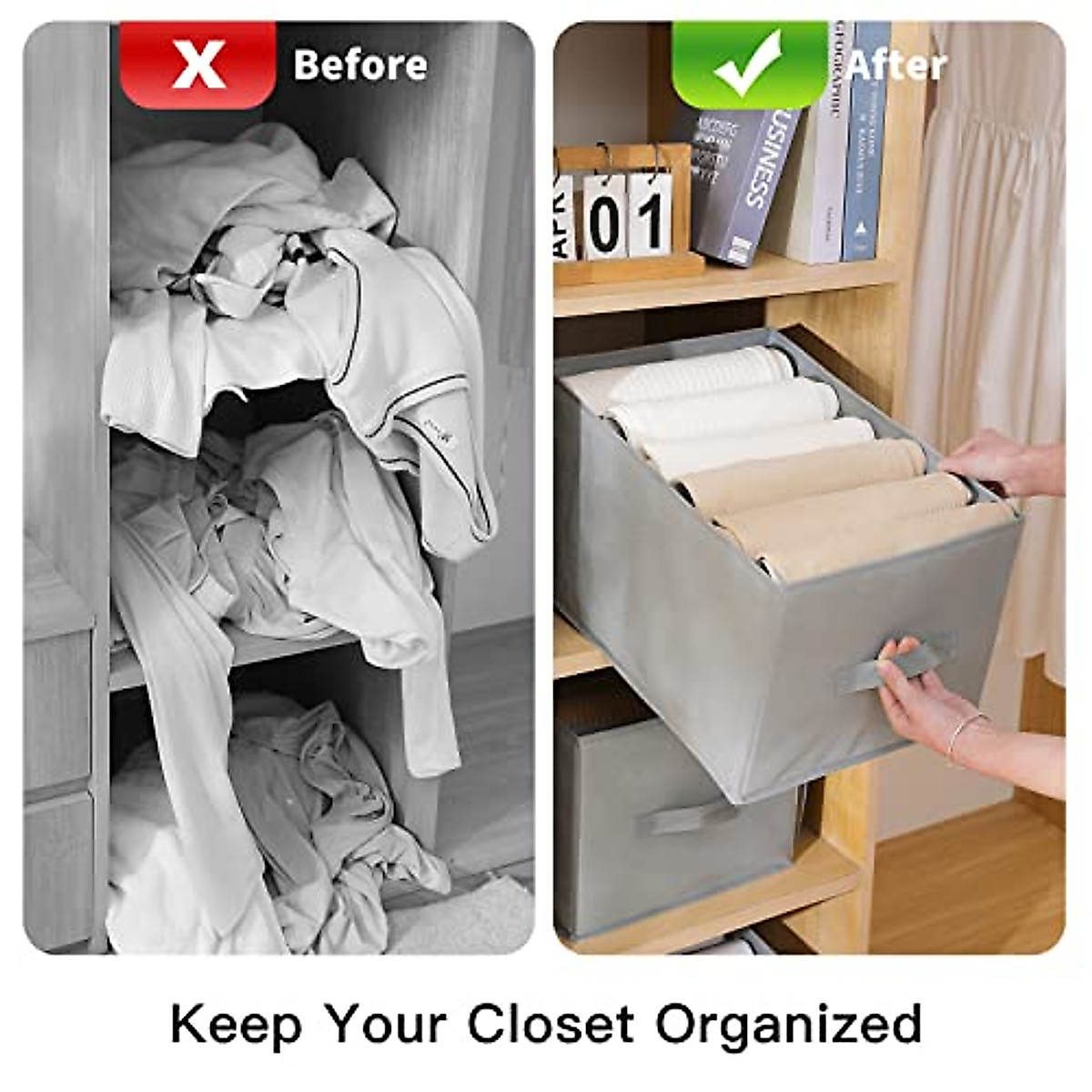 Qozary 3 Pack Clothes Organizer for Folded Clothes, 6 Grids Wardrobe Clothes Organizer for Jeans, Sweater Organizer for Closet, Foldable Closet Storage Bins for Pants, T-Shirts, Sweaters, Leggings