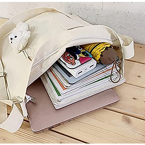 Kehpish Economical Cotton Tote Bag, Reusable Womens Canvas Tote Bag with 3 External Pocket, Top Zipper Closure White