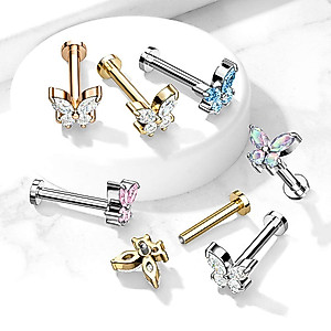Pierced Owl 16G Stainless Steel Internally Threaded CZ Crystal Butterfly Top Flat Back Lip Cartilage Tragus Stud (Silver Tone/Aurora Borealis, Bar Length: 8mm)