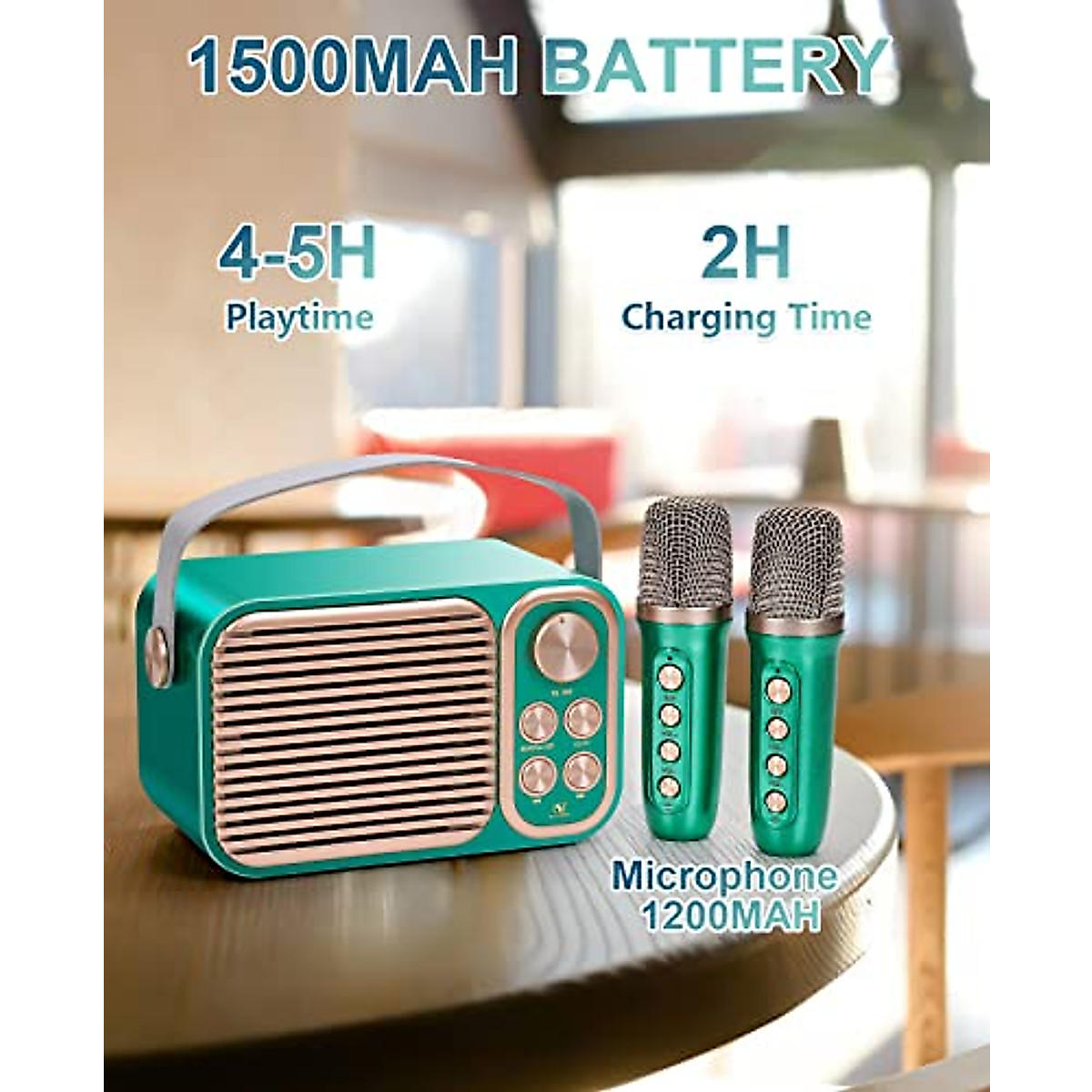 JIEFOCH Karaoke Machine for Kids & Adults, Portable Mini System with 2 Wireless Microphones & Bluetooth Connectivity,Sing Your Heart Out (Retro Green)
