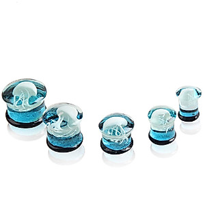 Glass Ocean Jellyfish Ear Plugs Gauges Tunnel Expanders Stretcher Unique Earrings Double Flared Piercings Body Jewelry Blue Red Set (00g(10mm))