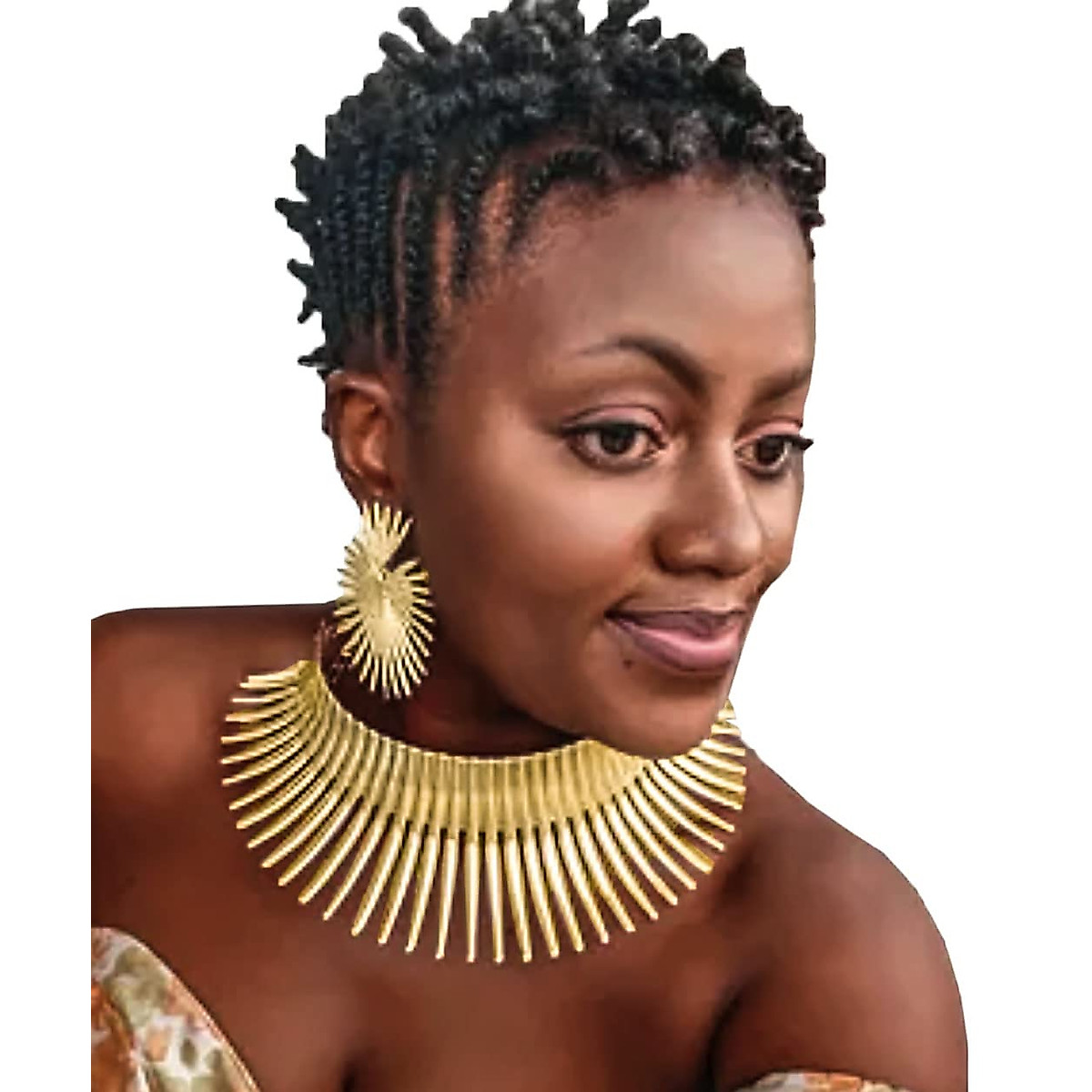 Fstrend Collar Choker Necklace Earrings Set Gold Flower Statement African Canine Tooth Shape Necklace Cleopatra Costumes Jewelry Accessories for Women and Girls (Gold)